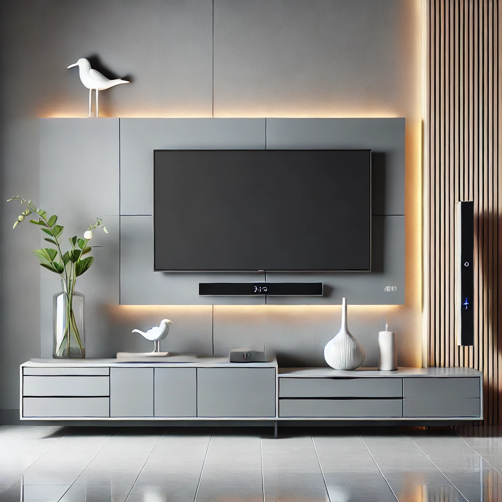 Contemporary Media Wall with Minimalist Wood Paneling and LED Accents ...